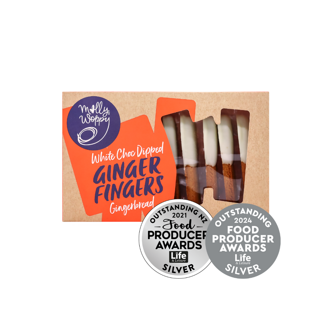 Molly Woppy Gingerbread White Choc Dipped Ginger Fingers 165g 10/CTN – 4Mooi