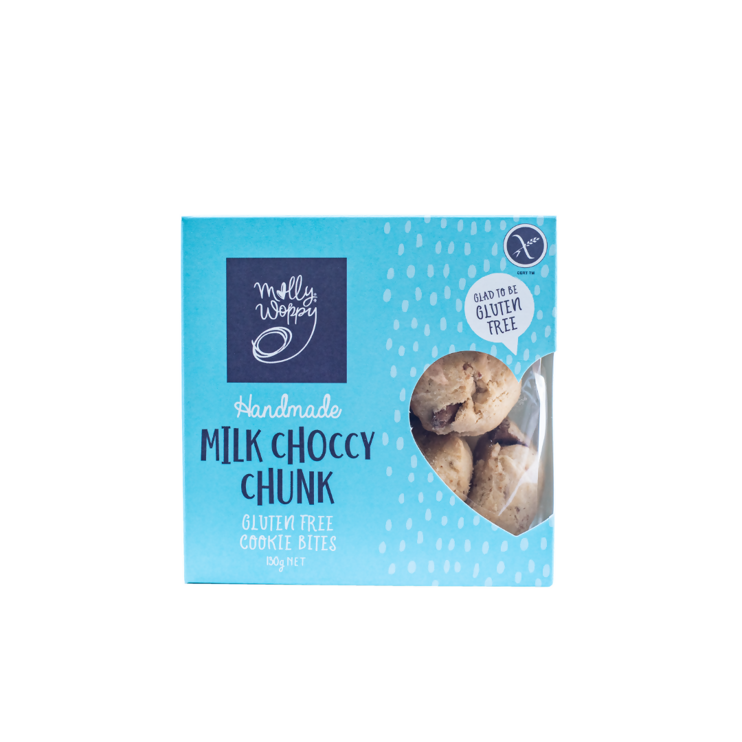 Molly Woppy Bites Gluten Free Milk Choccy Chunk Cookie 130g 12/CTN – 4Mooi